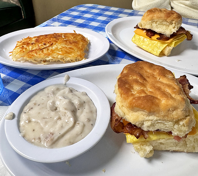 Behold the architectural marvel that is the breakfast sandwich&mdash;where golden biscuits become the foundation for a tower of morning deliciousness.