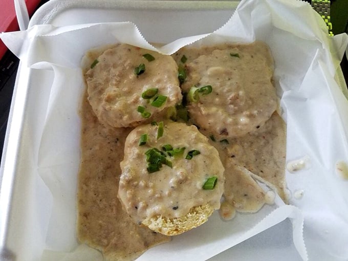 Biscuits and gravy to make a Southerner weep with joy. That peppery white gravy blankets those golden biscuits like the world's most comforting winter coat.
