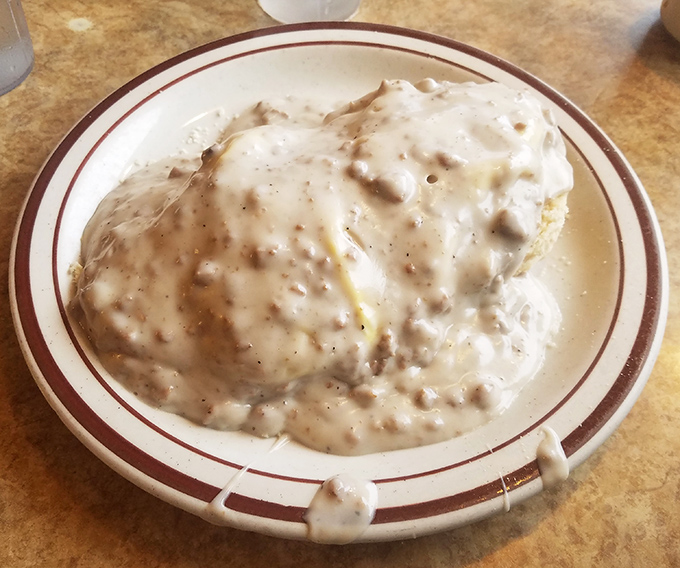 Biscuits and gravy so hearty it could fuel a lumberjack through winter &ndash; comfort food that hugs you from the inside.