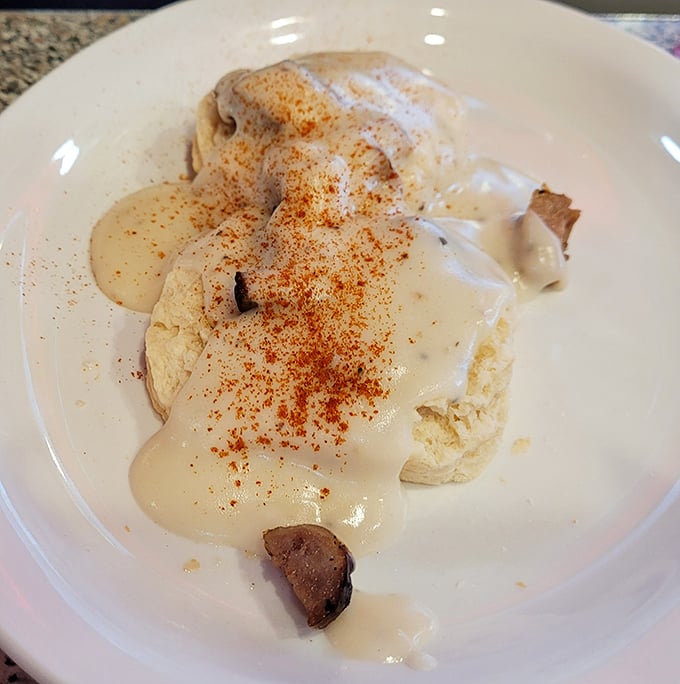 Biscuits and gravy that would make your grandmother both proud and jealous. That sprinkle of paprika isn't just garnish&mdash;it's a promise.