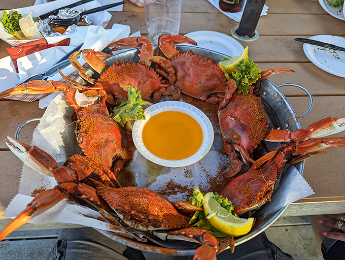 Blue crabs arranged like a seafood crown, their bright orange shells glistening with Old Bay. The drawn butter in the center is basically liquid gold.