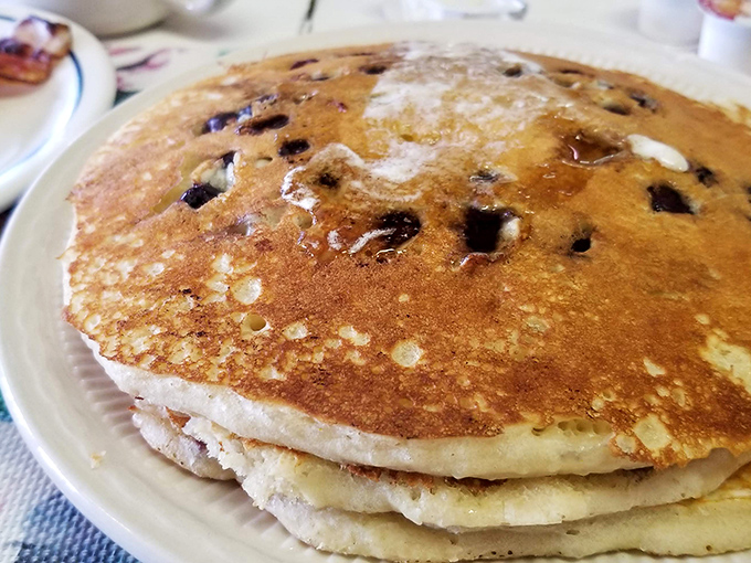 Blueberry pancakes stacked higher than your weekend expectations. Golden-brown perfection that makes you wonder why anyone bothers with fancy brunch.