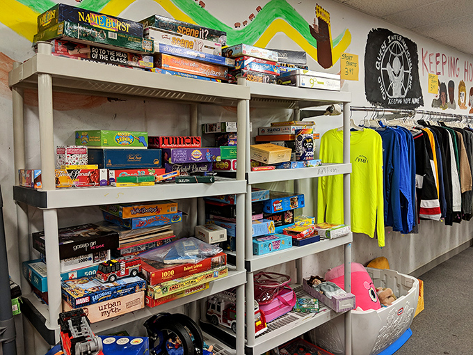 Board game heaven! From Scene It to Rumikub, these shelves hold countless family game nights waiting to happen again.