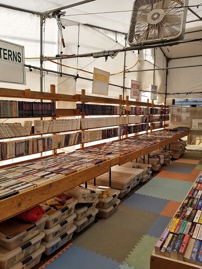 Literary treasures organized by genre &ndash; where Western paperbacks wait patiently for snowbirds to discover forgotten favorites from childhood.