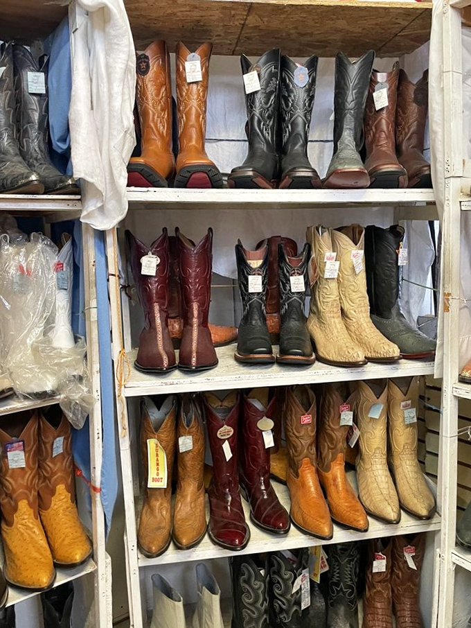 Cowboy boots line up like leather soldiers, ready to transform anyone into their inner Western hero.
