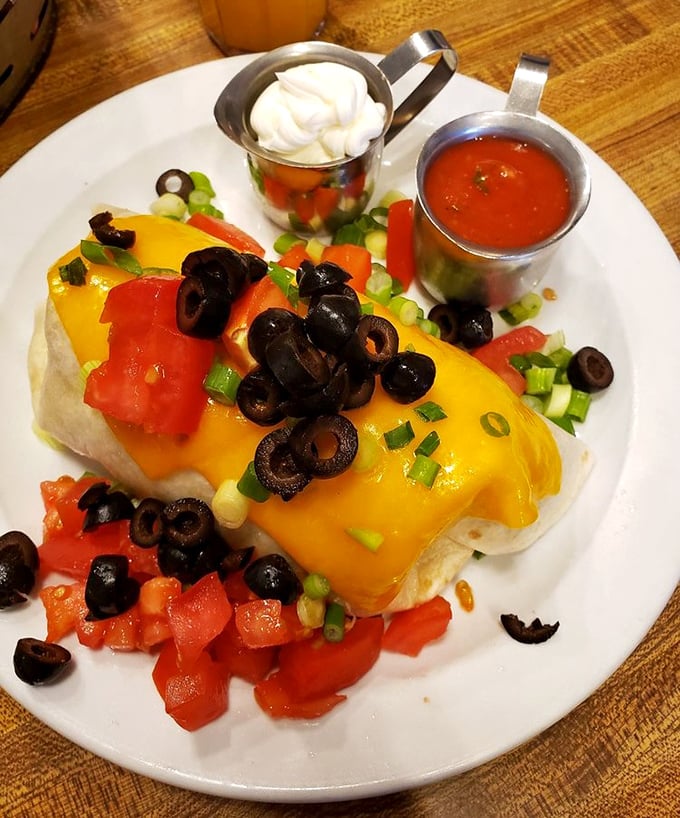 A breakfast burrito that means business &ndash; melted cheese blankets this tortilla-wrapped treasure while salsa and sour cream stand ready for dipping duty.