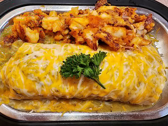 Breakfast burritos should be judged by their heft-to-flavor ratio, and this cheese-blanketed beauty scores a perfect 10. The parsley garnish is just showing off.