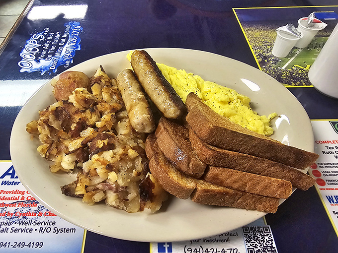 Breakfast platters that answer the eternal question: "Why choose between sausage links, crispy potatoes, and fluffy scrambled eggs when you can have it all?"