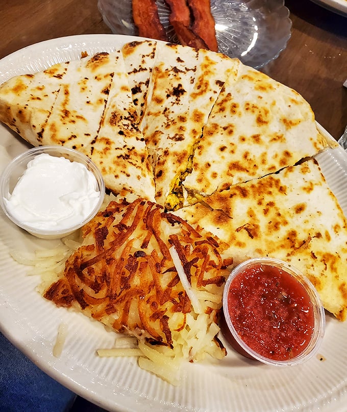 This quesadilla isn't just crossing borders; it's creating a breakfast diplomatic summit where Mexican tradition meets American morning appetite.