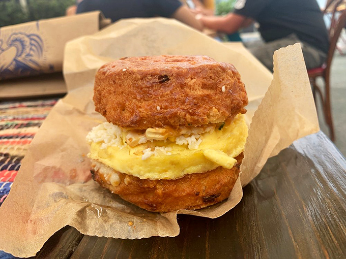 Breakfast sandwich architecture at its finest. That biscuit could apply for structural engineering awards while still being utterly devourable.