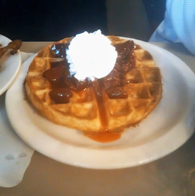 Waffle architecture at its finest. That perfect grid creates little pools of syrup, while the whipped cream melts into a sweet morning symphony.