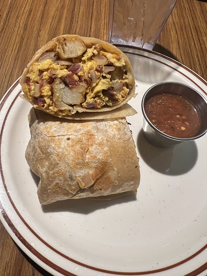 Breakfast burritos: where eggs, potatoes, and bacon find their higher purpose, wrapped in a tortilla and served with salsa that means business.