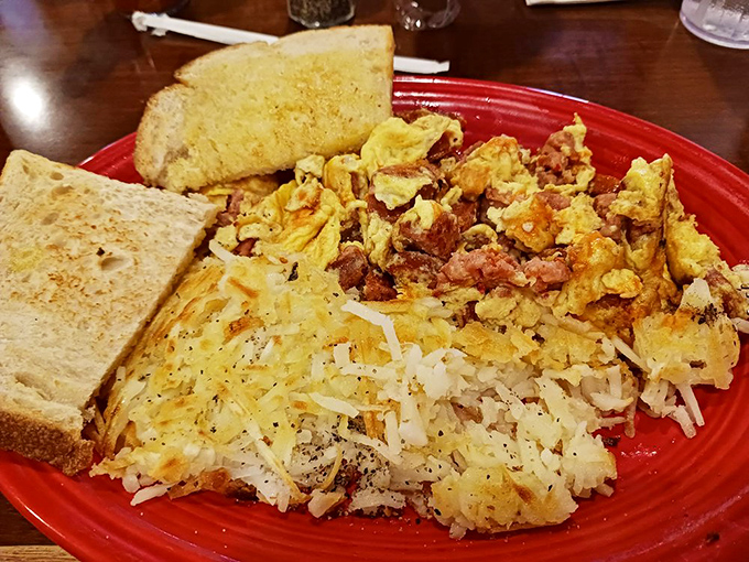 Breakfast platters that could fuel a cattle drive &ndash; scrambled eggs, crispy hash browns, and toast ready for adventure.