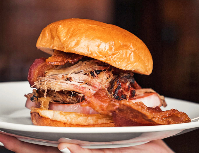 Architecture that makes sense: a perfect stratification of meat, sauce, and bun. This sandwich has better structural integrity than most buildings.