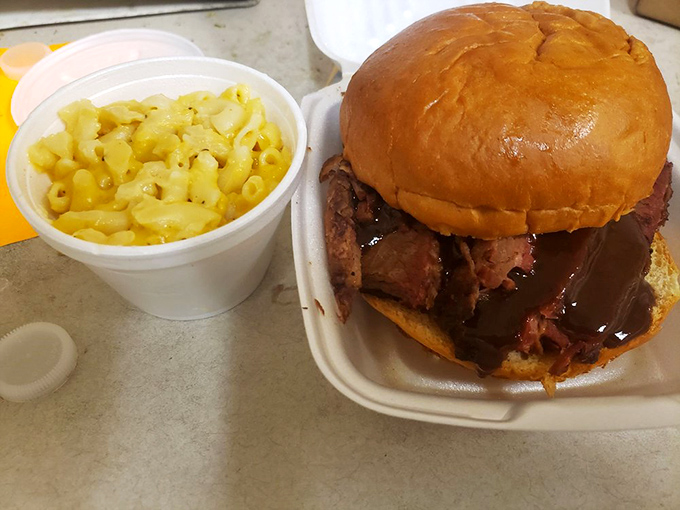 The brisket sandwich&mdash;where meat meets bun in holy matrimony. That sauce dripping down the sides isn't a mess, it's a promise.