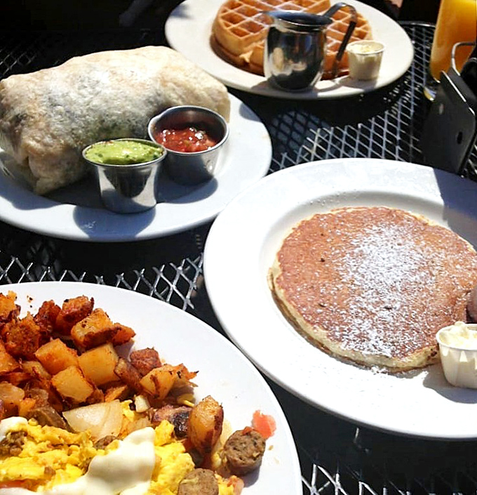 Breakfast spread that answers all of life's important questions, including "pancake or burrito?" with a resounding "Why not both?"