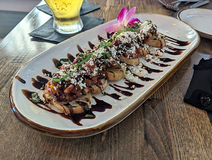 Bruschetta that could make an Italian grandmother weep with joy. The balsamic drizzle creates flavor roads that lead straight to happiness.