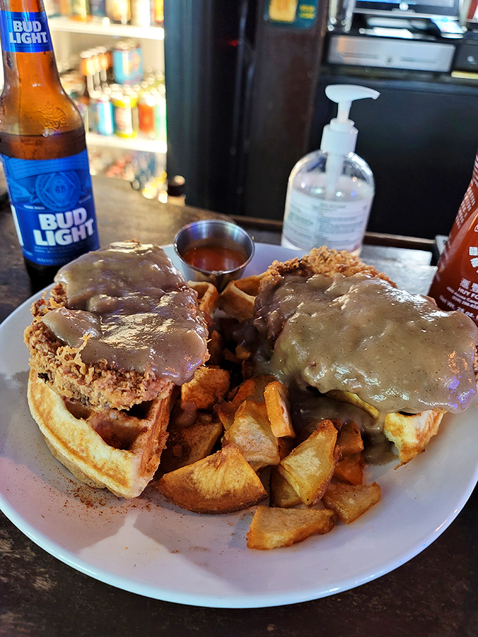Chicken and waffles that break all the rules. Crispy, savory, sweet, and utterly magnificent&mdash;this plate doesn't care about your diet plans.