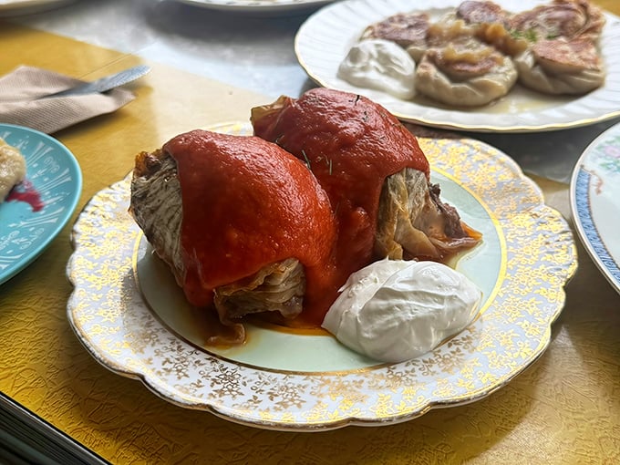 These stuffed cabbage rolls, glistening in tomato sauce, look like they just won first prize at the Eastern European comfort food Olympics.
