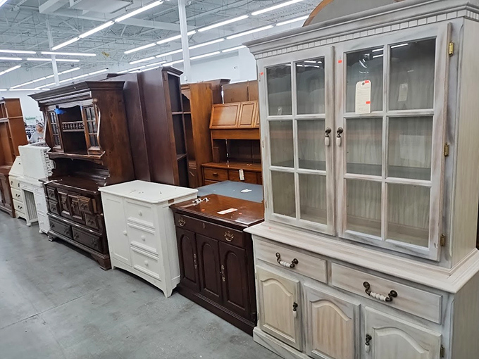 Furniture with stories to tell, waiting for new chapters. These cabinets have likely held everything from wedding china to kids' art projects.