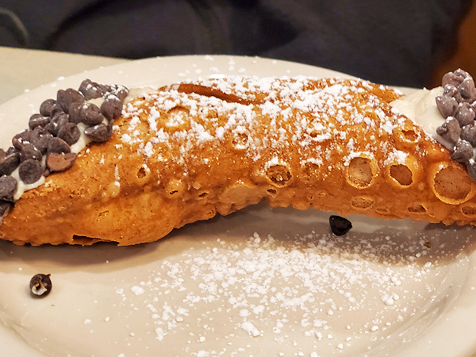 This cannoli isn't just dessert—it's a crispy, creamy declaration of love. The chocolate chips standing guard at each end know they're protecting something special.