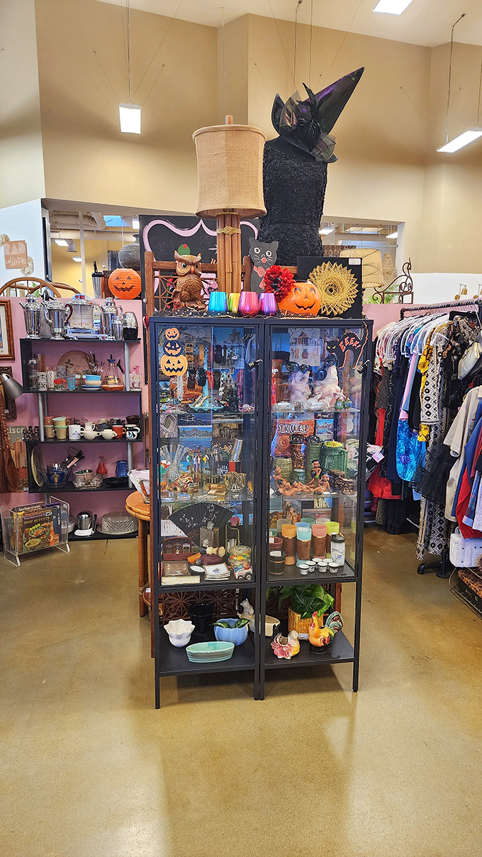 Halloween meets vintage charm in this display case, where mid-century holiday decorations share space with colorful glassware and retro clothing.