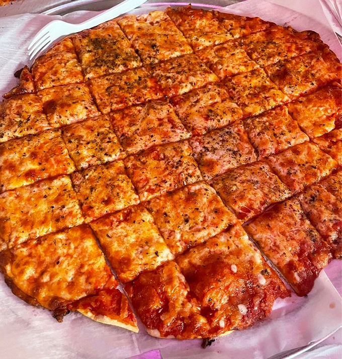 The party-cut cheese pizza – a geometric marvel of crispy edges and gooey centers. Mathematics never tasted so good.