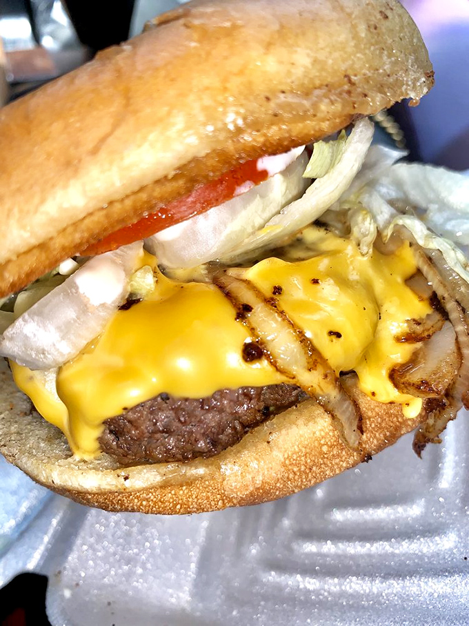 Behold the star attraction: a burger where the cheese doesn't just melt, it cascades like a yellow waterfall of dairy dreams.
