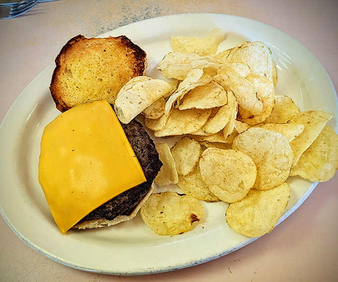 The cheeseburger and chips combo that reminds you why sometimes the simplest pleasures are the most satisfying. No aioli, no brioche, no nonsense.