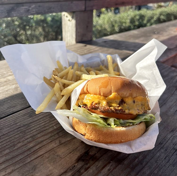 This isn't just a cheeseburger; it's California sunshine on a bun—perfectly melted cheese, fresh lettuce, and a view that makes every bite better.