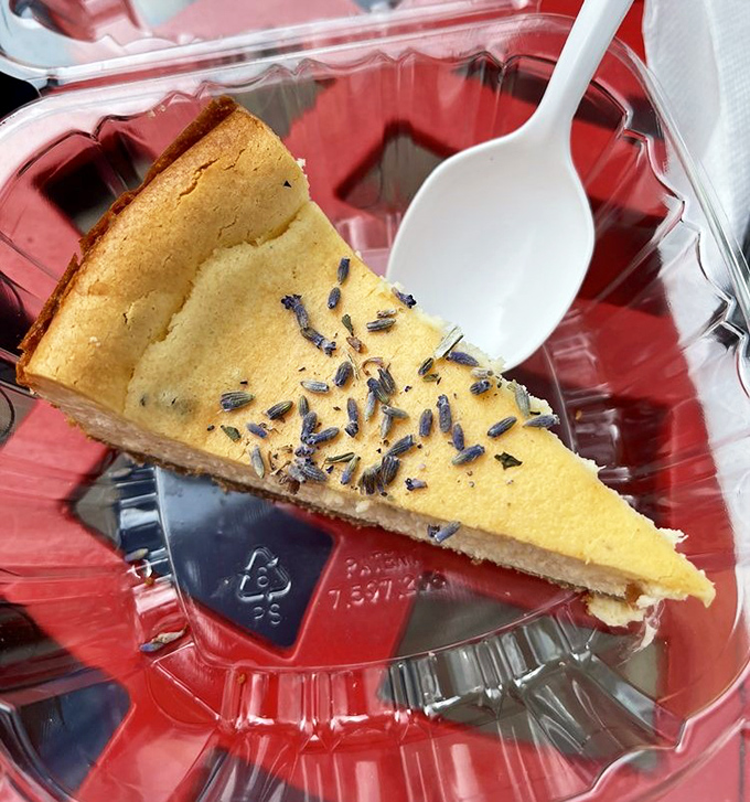 Lavender-topped cheesecake that looks like it should be in a museum, but tastes like it belongs in your immediate future.