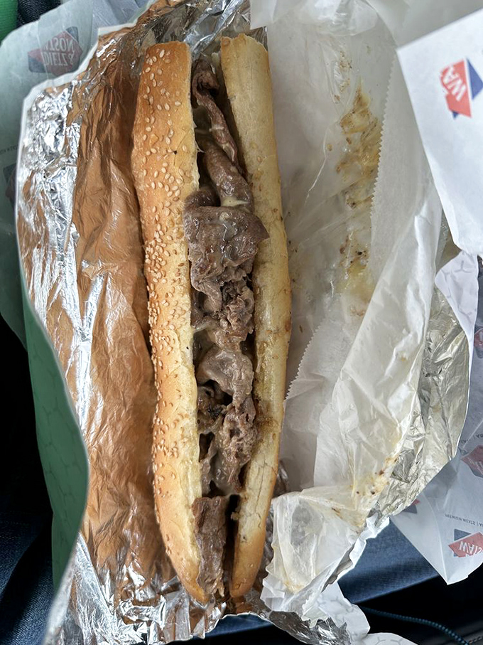 The cheesesteak in its natural habitat &ndash; wrapped in foil like the precious gift to humanity that it truly is.
