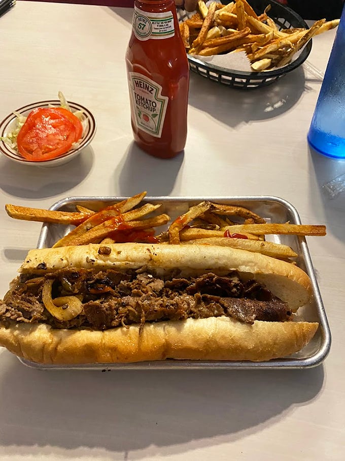 Philly cheesesteak done right: tender meat, melted cheese, and a roll that's both sturdy and yielding. Pennsylvania sandwich poetry. 