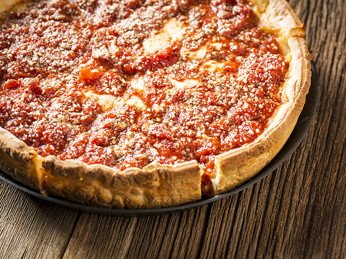 Deep dish done right &ndash; a fortress of crust containing a treasure of cheese and sauce. Architecture you can eat with a fork.