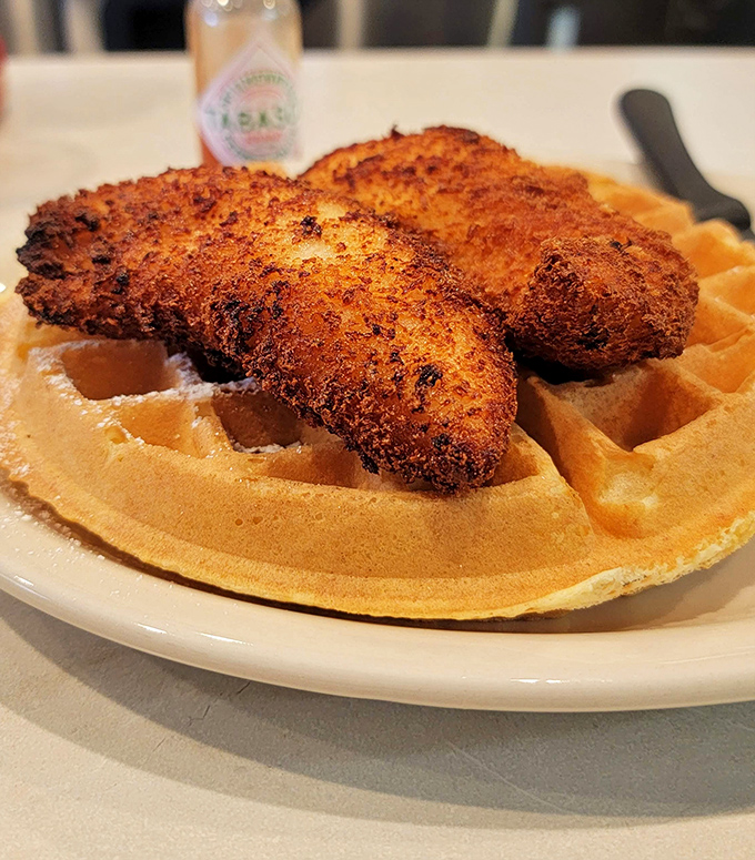 Chicken and waffles: the culinary odd couple that works better than peanut butter and chocolate. Crispy meets fluffy in perfect harmony.