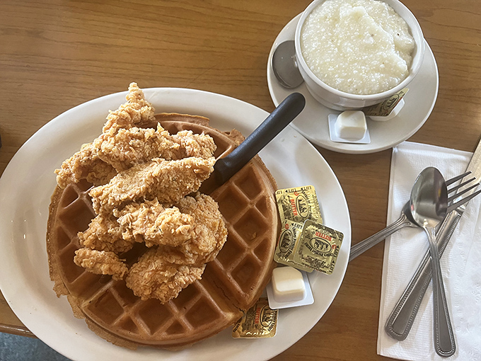 Chicken and waffles create the kind of sweet-savory harmony that makes breakfast worth waking up for.