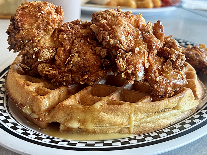 Chicken and waffles: where breakfast and dinner have a delicious identity crisis. That golden-brown chicken perched atop a waffle throne is pure royalty.