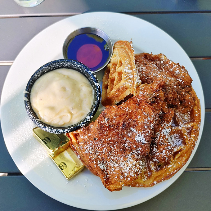 Golden waffles playing the perfect sweet foundation to crispy chicken &ndash; with maple syrup and gravy standing by like delicious diplomatic liaisons between opposing flavor nations.