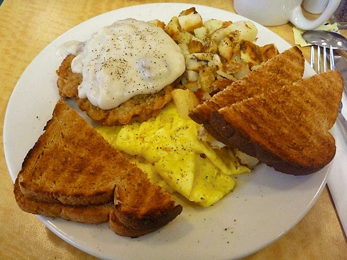 Chicken fried steak with country gravy, eggs, and toast&mdash;the breakfast of champions who plan to nap immediately afterward.