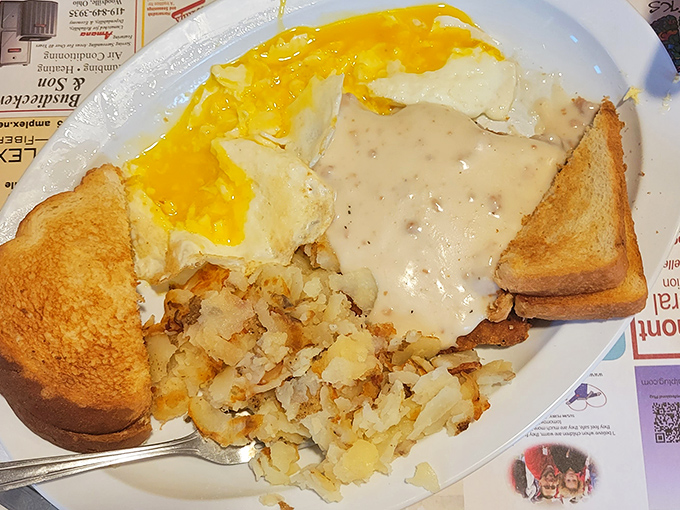 Breakfast perfection doesn't need to wear fancy clothes. This hearty plate with gravy-smothered potatoes and golden toast could fuel a farmer&mdash;or just someone who wants to eat like one.