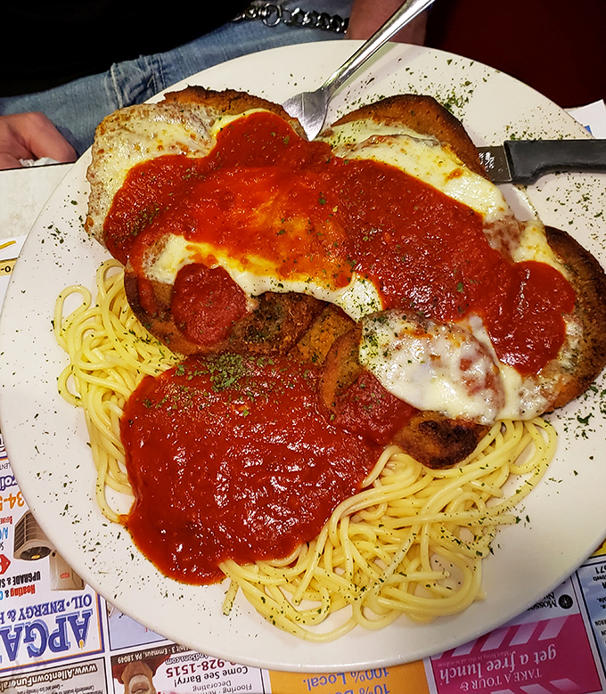 Italian-American dreams come true when chicken parmesan meets spaghetti. That sauce has definitely simmered longer than your last relationship.