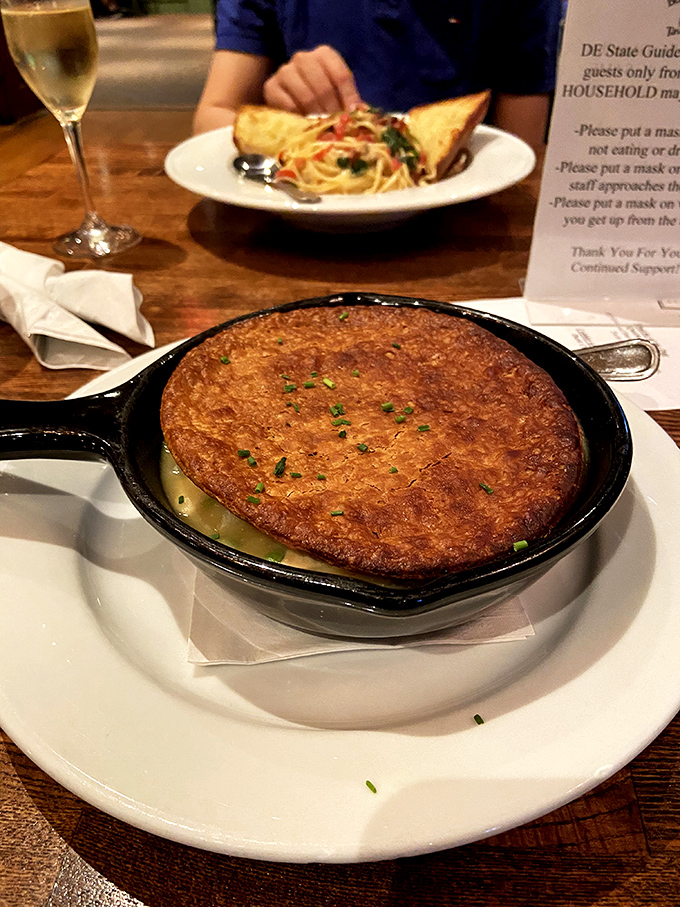 A savory pot pie that arrives at your table bubbling with promise &ndash; comfort food that's worth every delicious calorie.