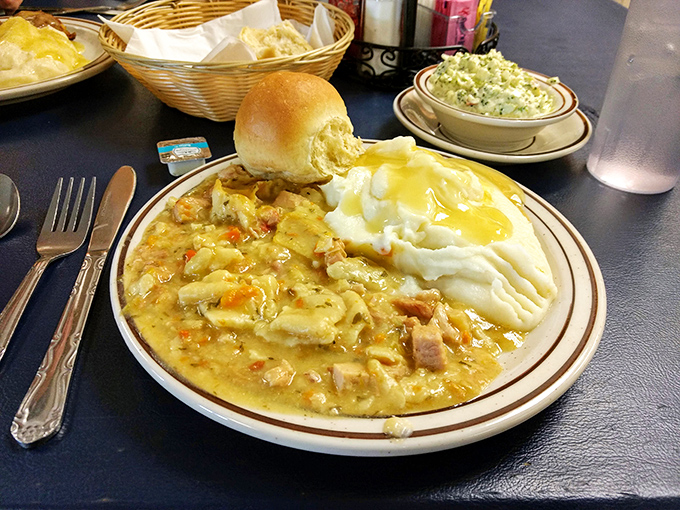 Pennsylvania Dutch chicken pot pie in all its glory&mdash;squares of hand-rolled dough swimming alongside tender chicken in golden broth. Pure comfort.