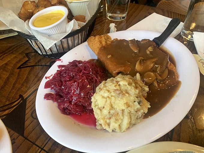 Schnitzel, red cabbage, and potato salad: the holy trinity of German comfort food. That mushroom gravy deserves its own national holiday. 