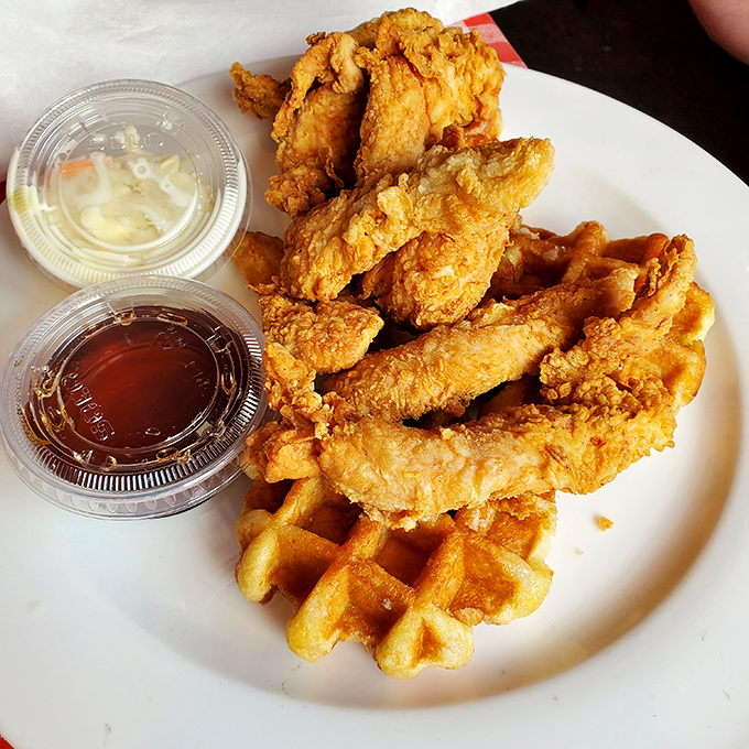 When chicken meets waffle, magic happens &ndash; this plate represents breakfast and dinner making beautiful music together.