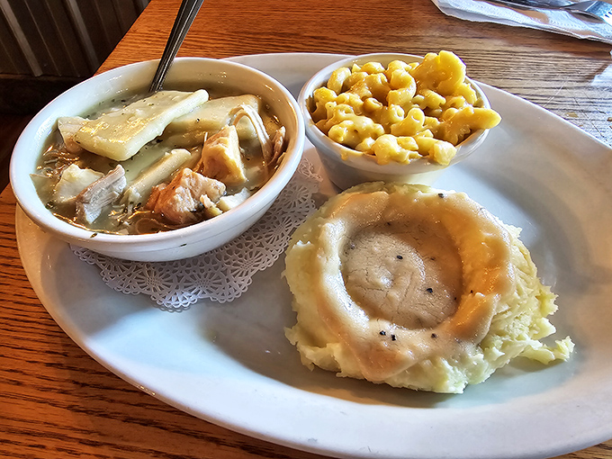 Chicken and dumplings that would make your grandmother both proud and jealous, paired with mac and cheese that demands attention.