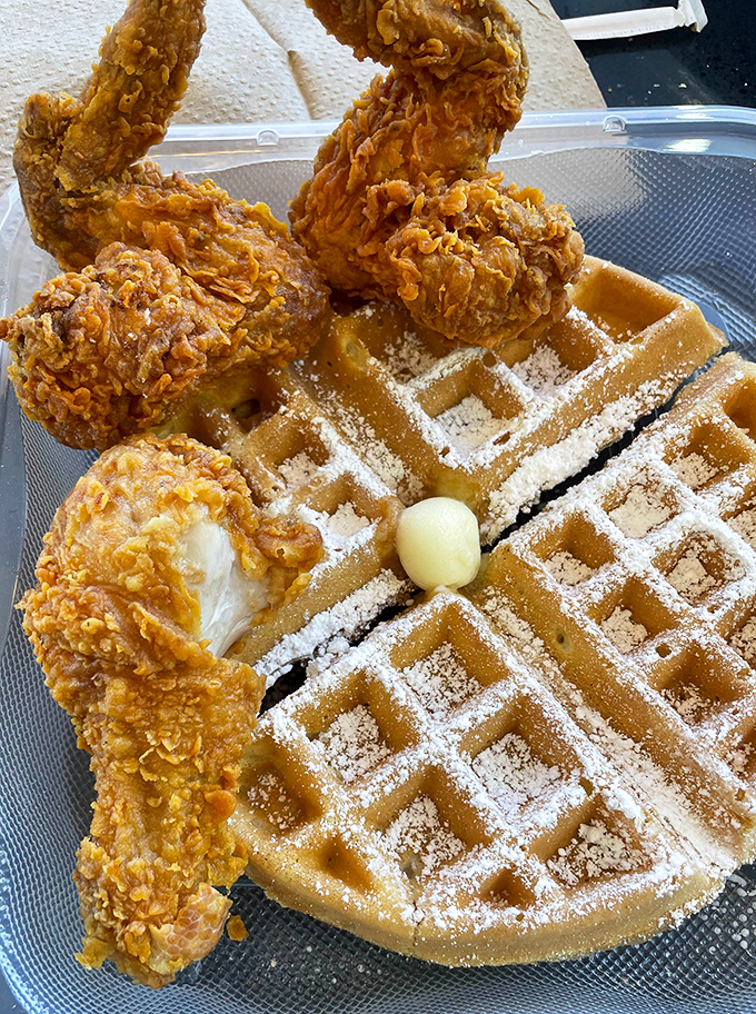The holy matrimony of chicken and waffles&mdash;where savory meets sweet in a union blessed by the breakfast gods. 