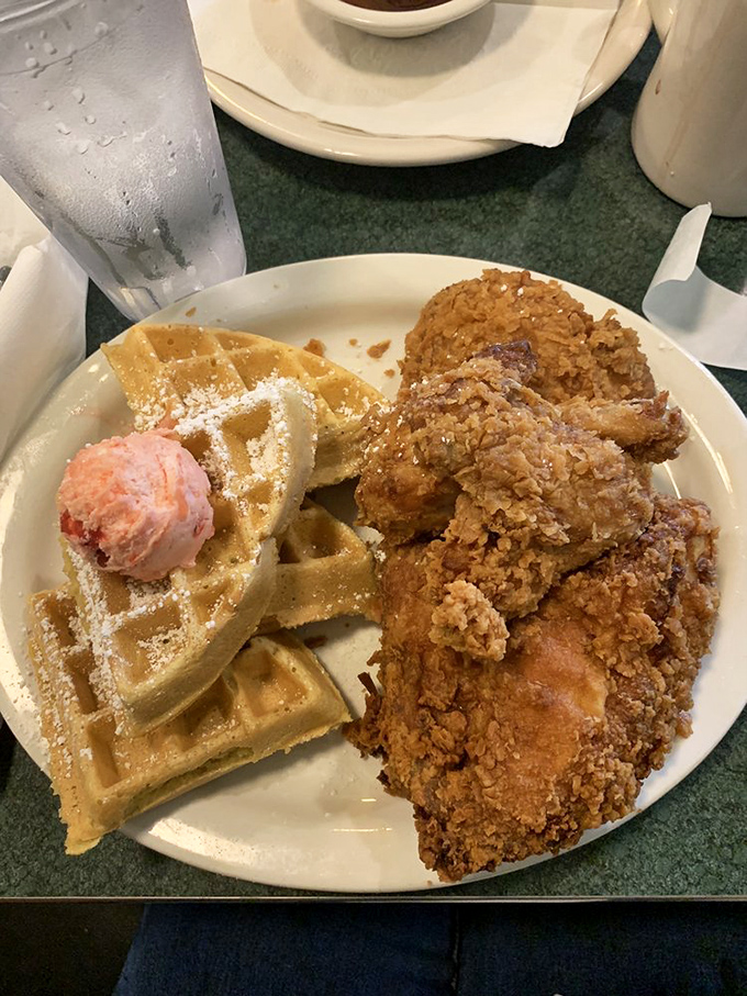 The chicken and waffle plate &ndash; where breakfast and dinner stopped fighting and decided to throw a party on your plate instead.