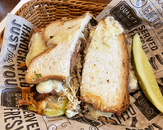 A grilled cheese that's having an identity crisis in the best possible way&mdash;melty cheese, savory fillings, and bread toasted to golden perfection.