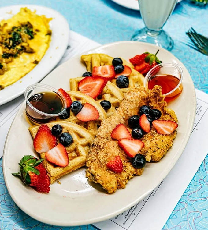 When chicken meets waffle with fresh berries as mediators, it's not breakfast or lunch&mdash;it's an edible peace treaty between sweet and savory.